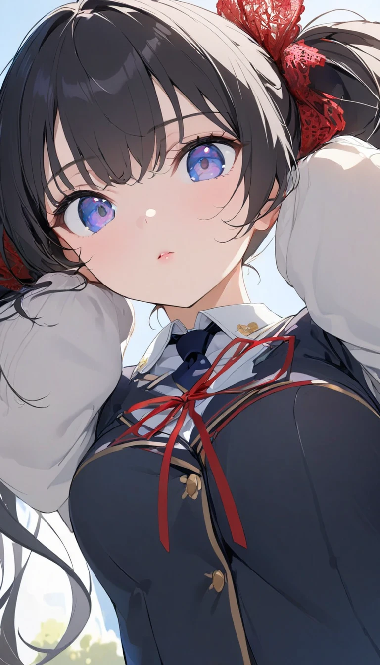 1 girl in uniform, knitted sweater, extreme close-up below chest ...