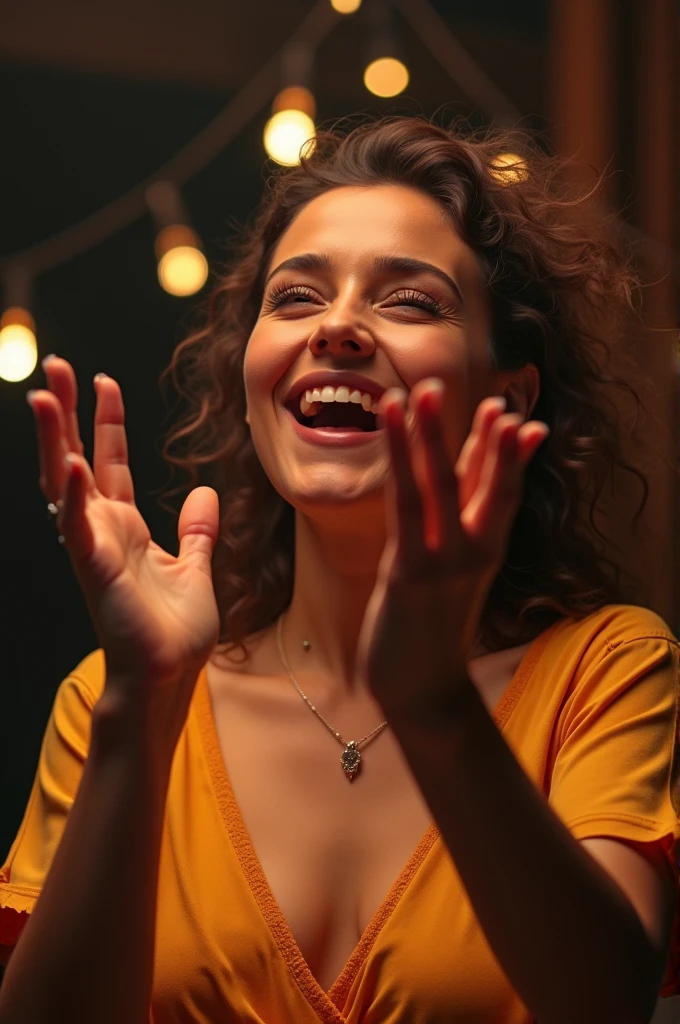 Create a hyper realistic photograph of a woman singing with her hands ...