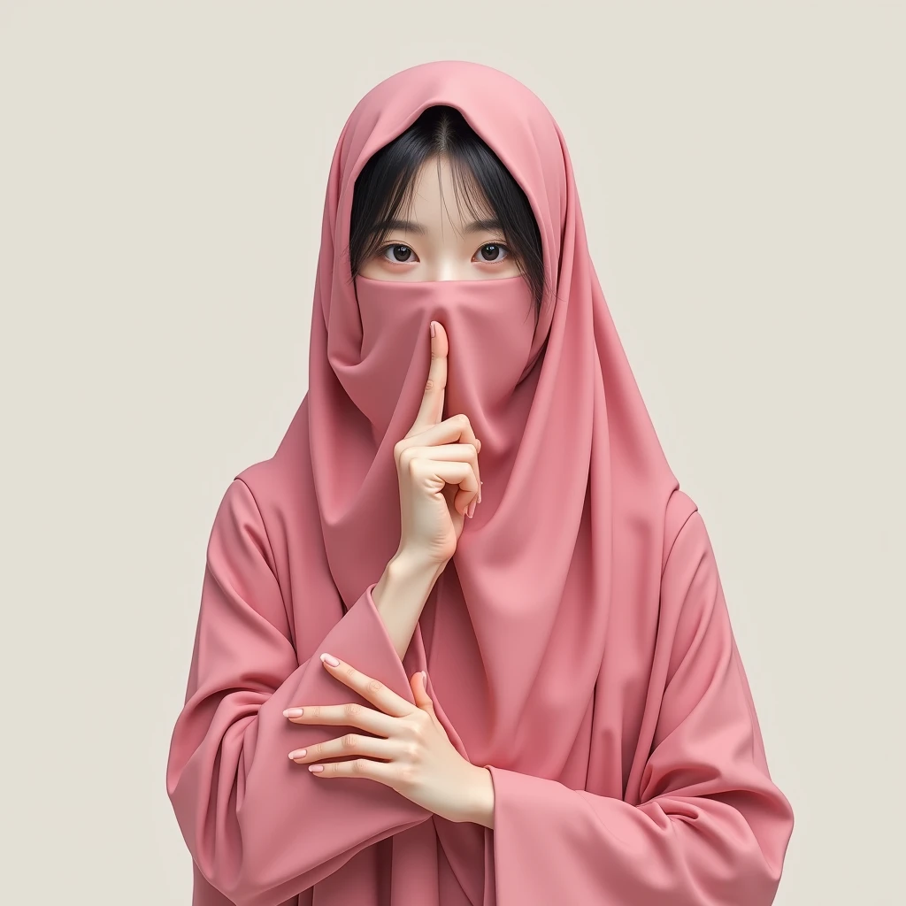 Japanese girl wearing a pink niqab, peace sign, face covered by the ...