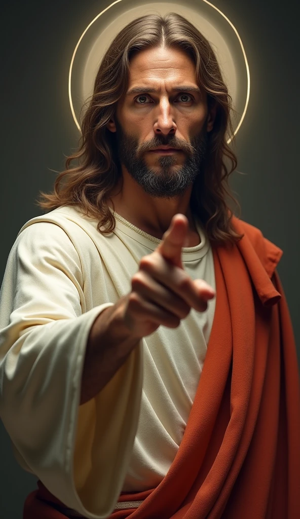 Jesus Christ in a realistic style , looking directly at the camera with ...