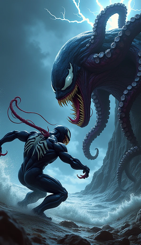 Create a high-intensity scene where Venom and a massive octopus are ...