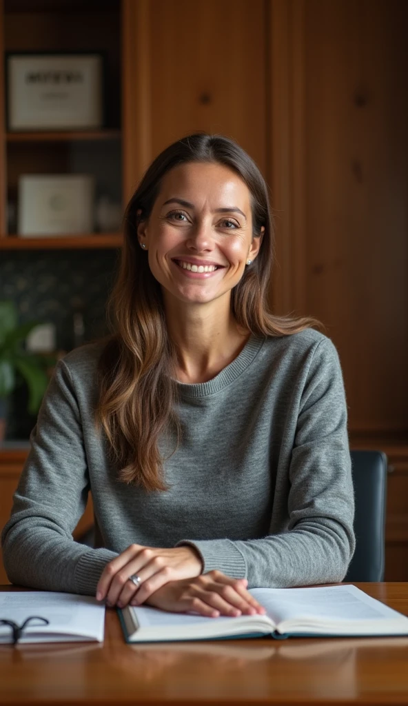 A 38-year-old woman sitting at a wooden desk, dressed in a neat sweater ...