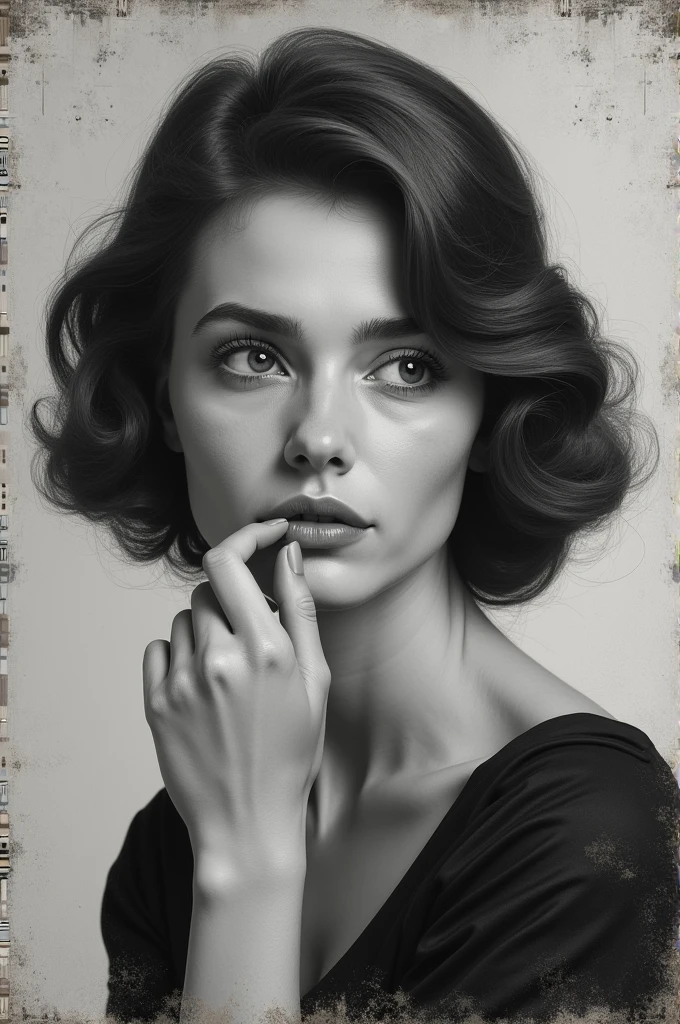 Pretty Vintage women hand on lips black & white painting one person ...
