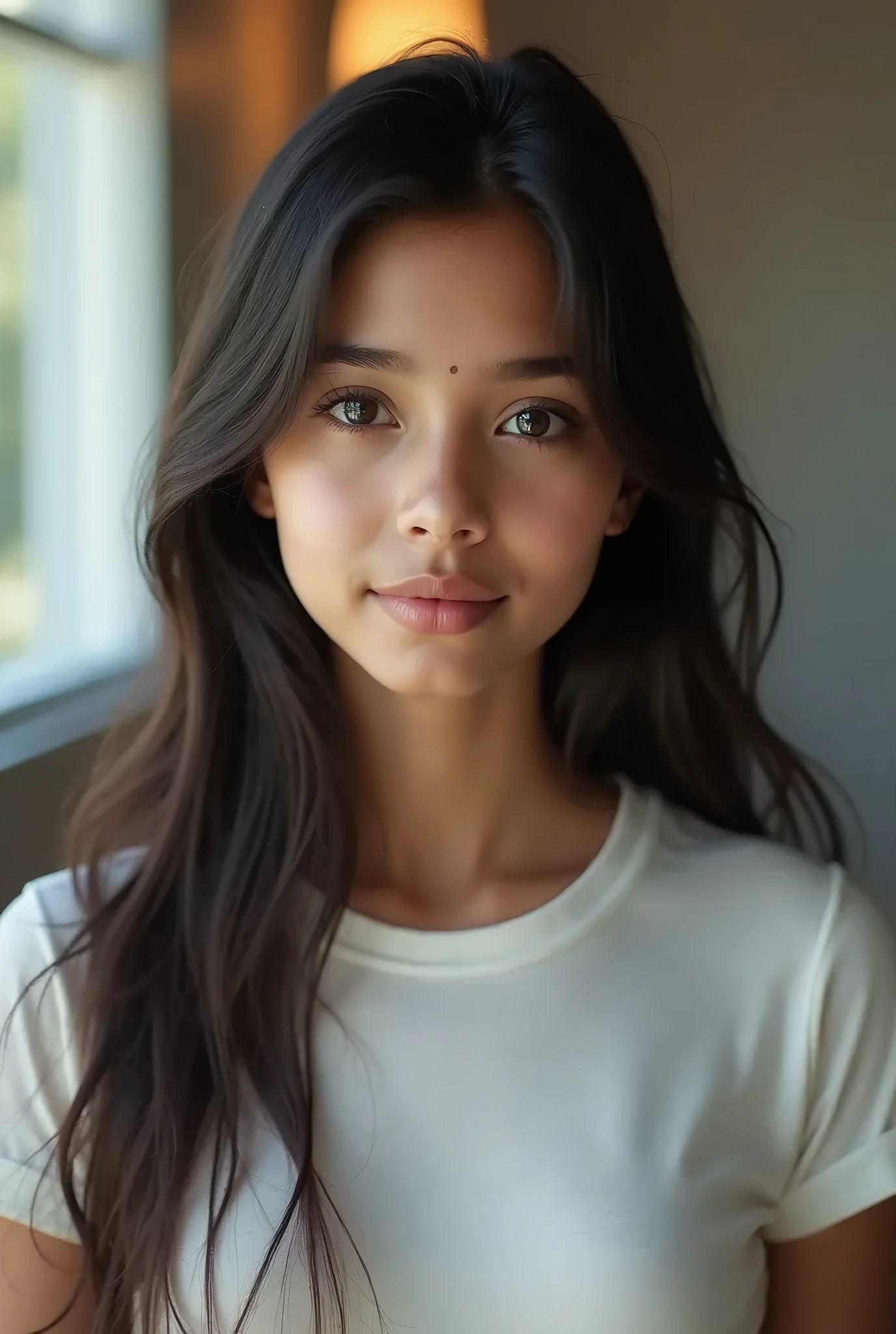 Arafed woman with long dark hair and white shirt looking at camera ...