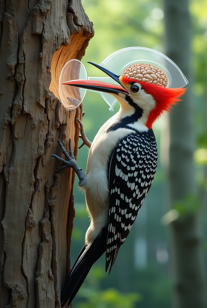 " A woodpecker pecking a tree , with a transparent illustrated vision ...