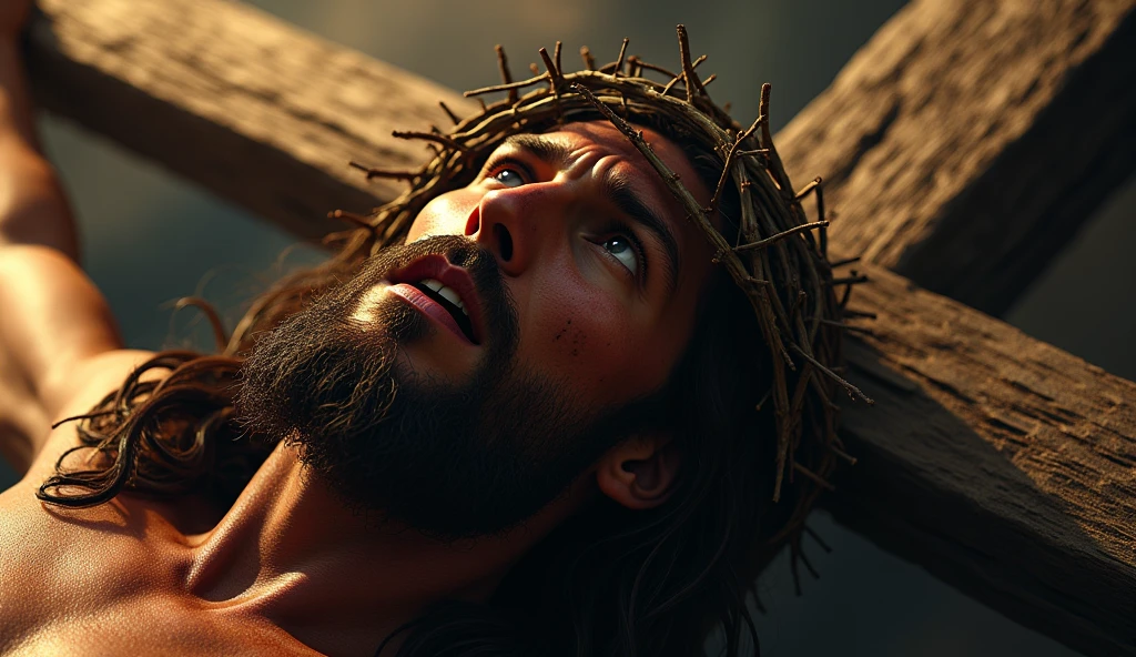 A close-up of Jesus on the cross, His face expressing both deep agony ...