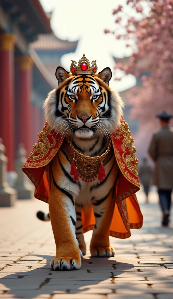 A powerful tiger with gleaming amber eyes, wearing an opulent silk robe ...