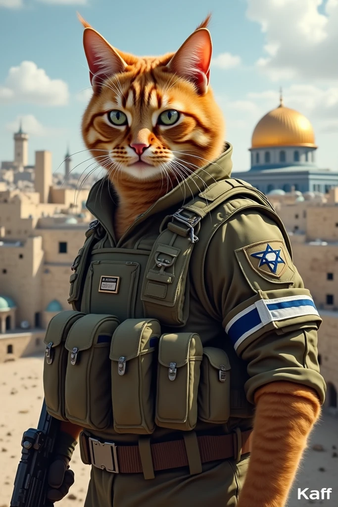 A ginger cat as an Israeli soldier, Jerusalem in the background and the ...