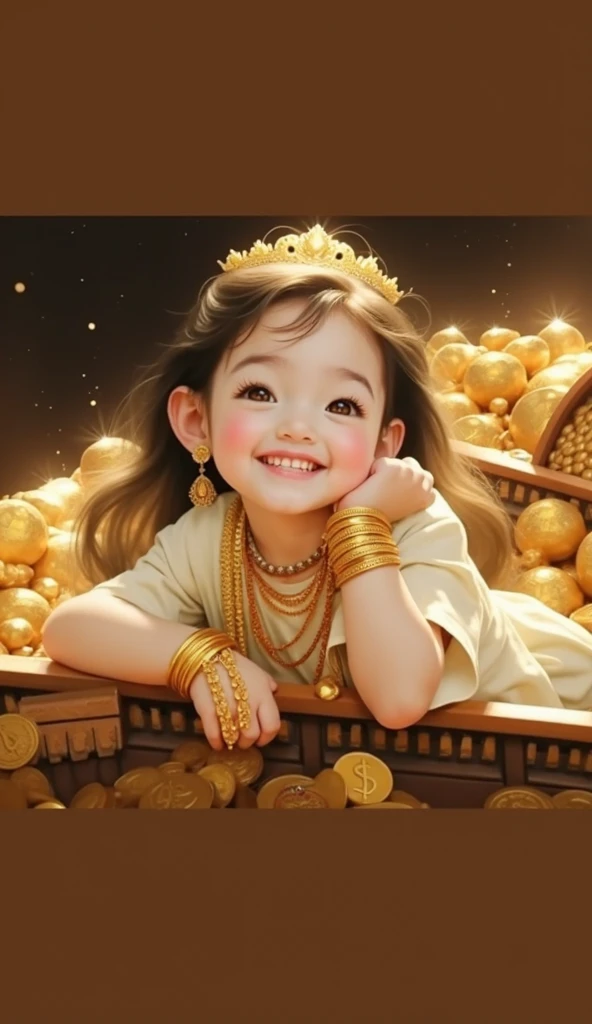 A cheerful and adorable young girl surrounded by a treasure trove of ...