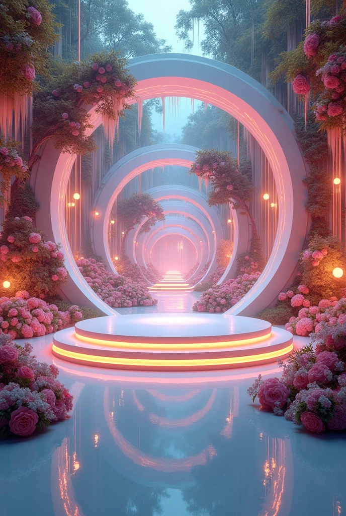 Luxury Ethereal backdrop party set up (flowers, hanging lights - SeaArt AI