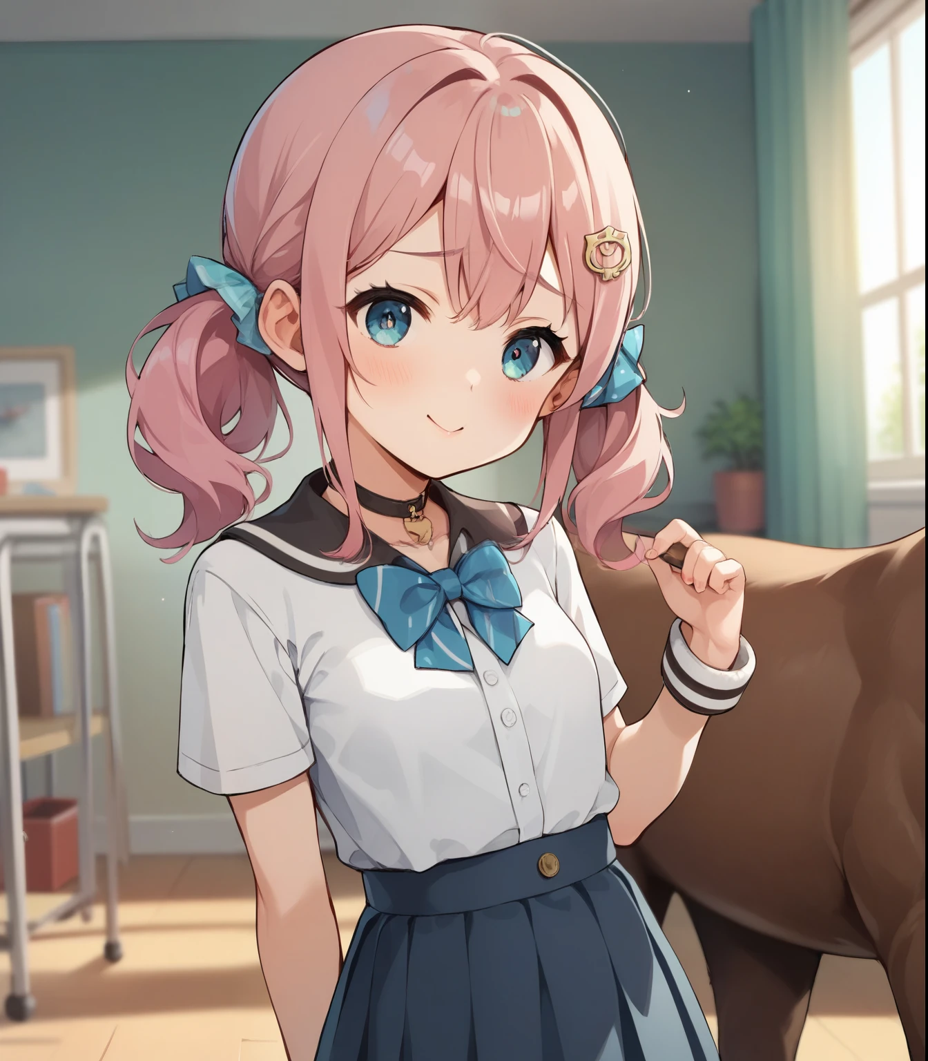 Anime girl with pink hair and blue eyes standing in front of a horse ...