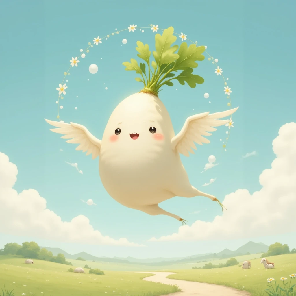Detailed Fantasy art, A Cute daikon character is flying in the sky ...