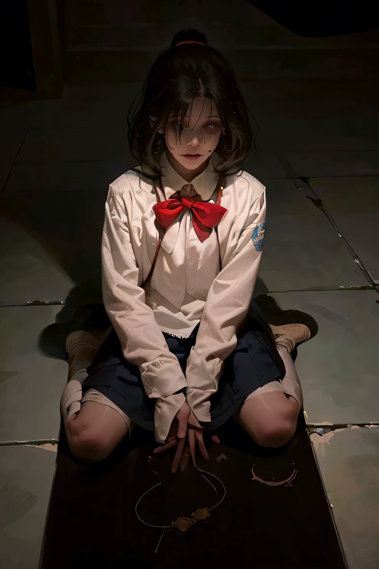 Arafed girl sitting on the ground with her hands on her knees - SeaArt AI