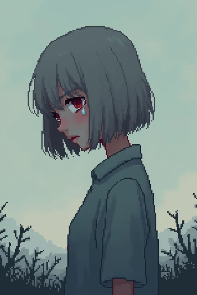 Girl 20 years old, ash hair color bob, eye color red , emotion sadness ...