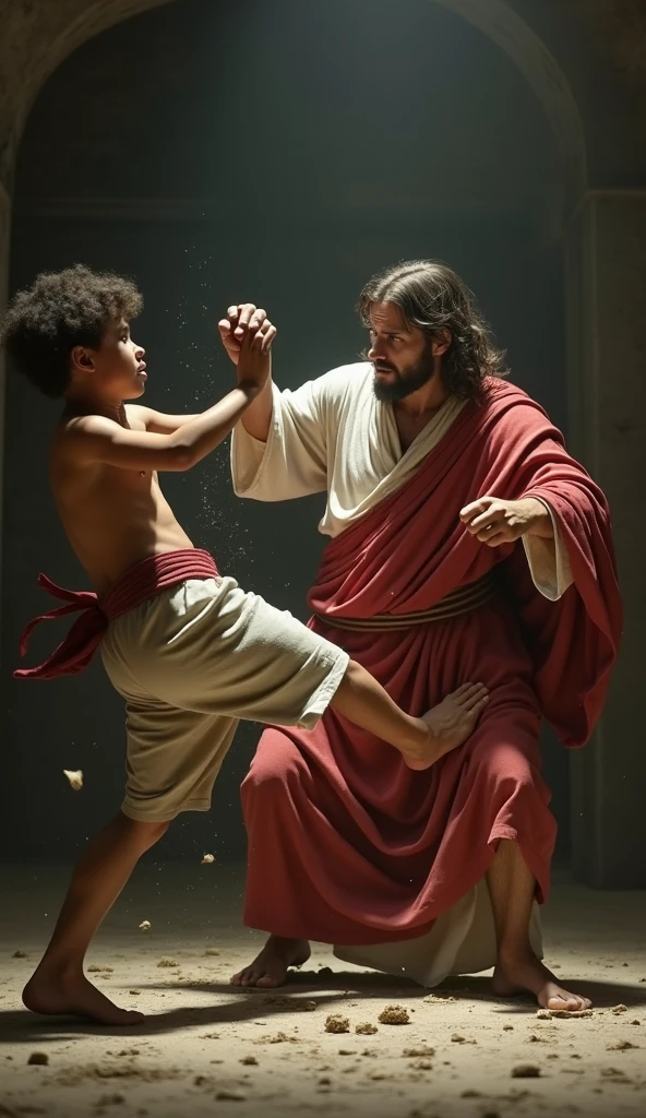 Photorealisitc image of a boy flying in from the left and kicking jesus ...