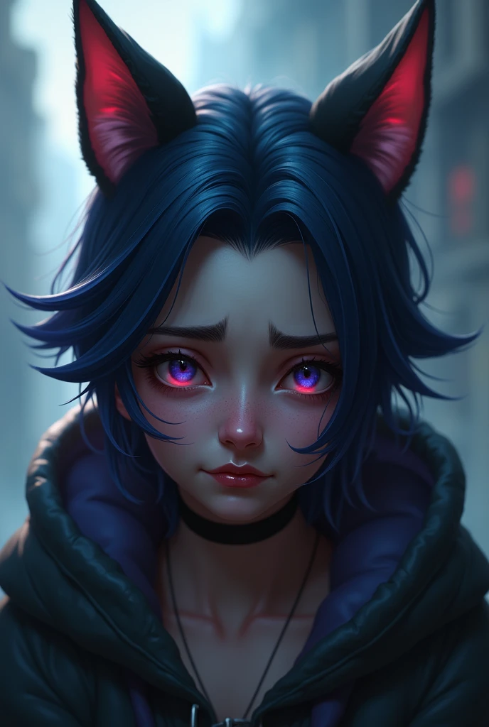 Woman league of legends jinx cat ears sad face - SeaArt AI