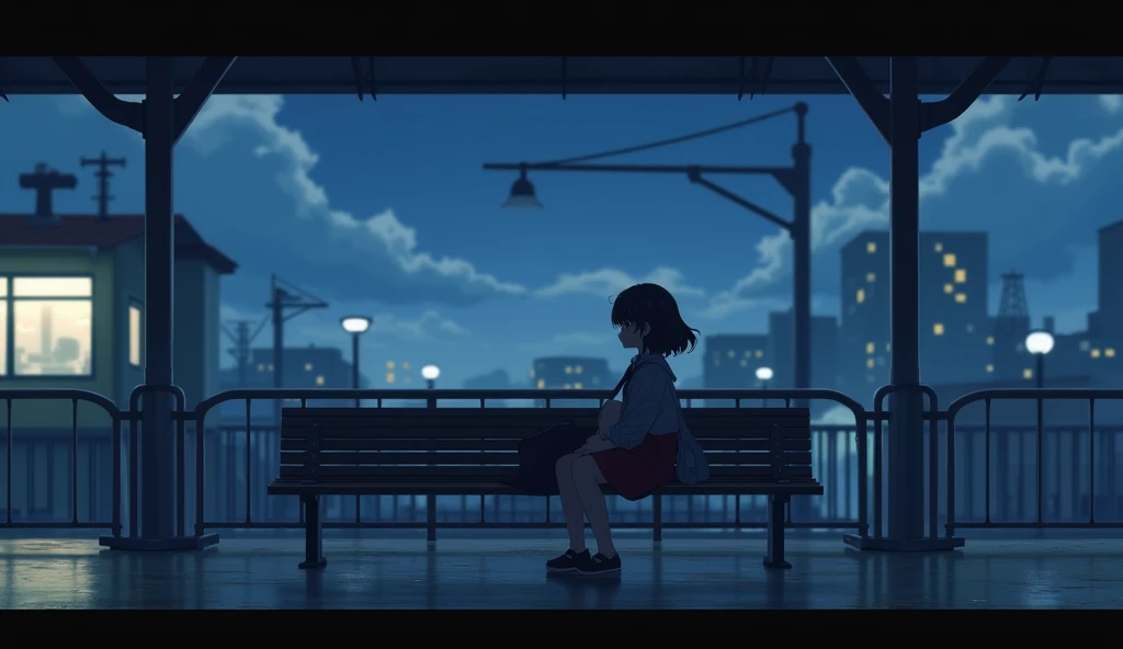 anime girl sitting on a bench at a train station at night, beautiful ...