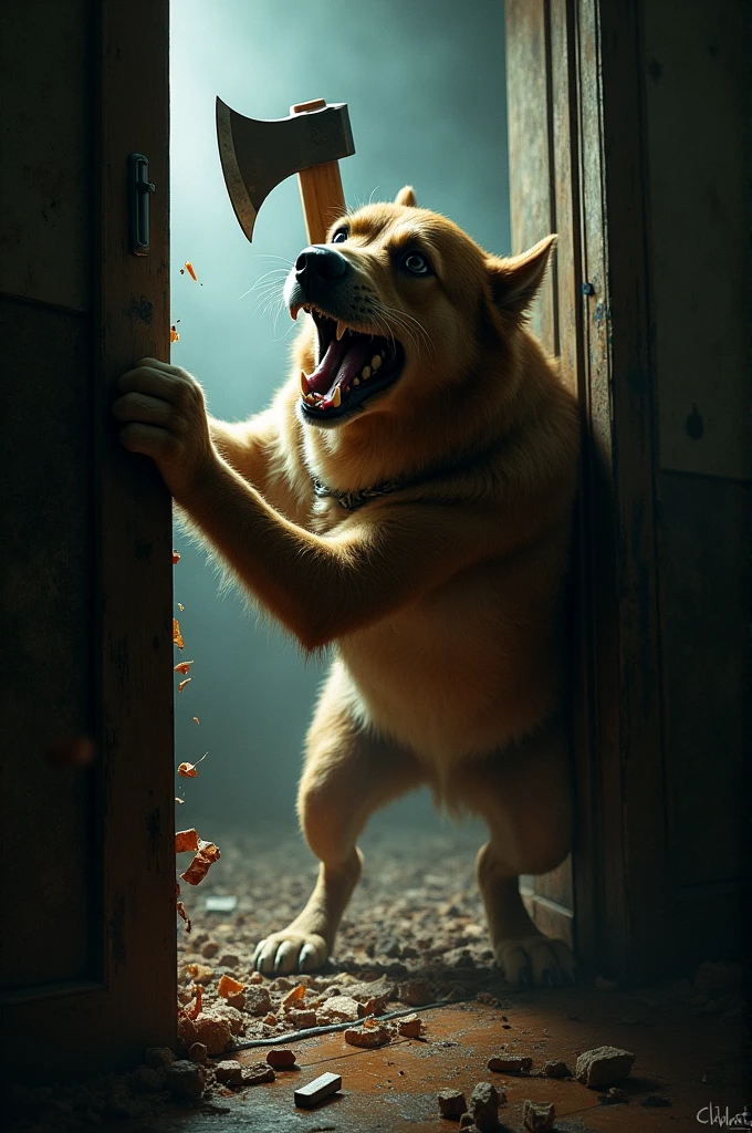 A dog breaks down a door with an axe, As in Shining - SeaArt AI