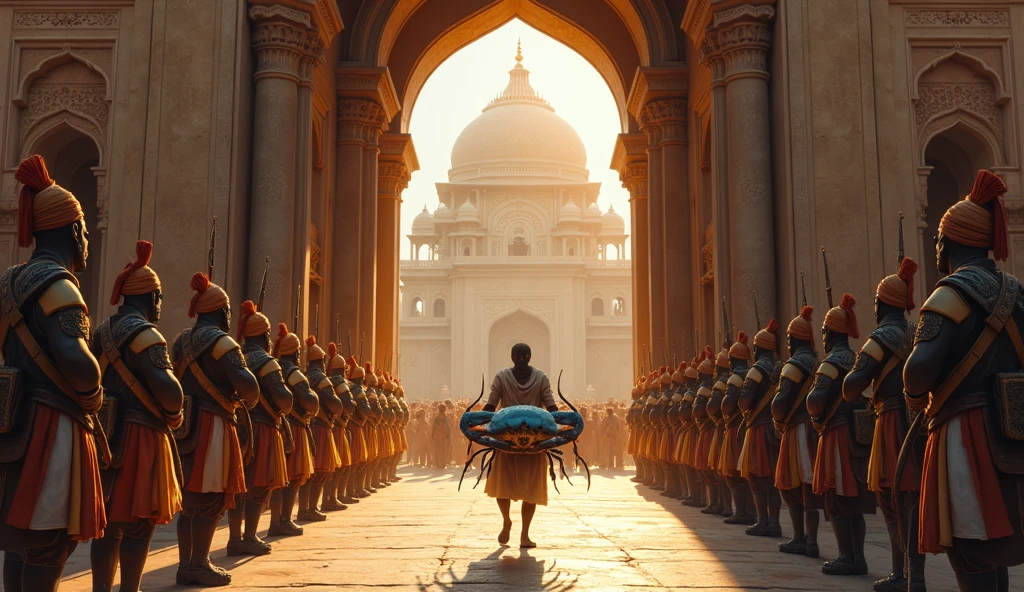 "An ancient Indian palace courtyard scene at the grand entrance gate ...