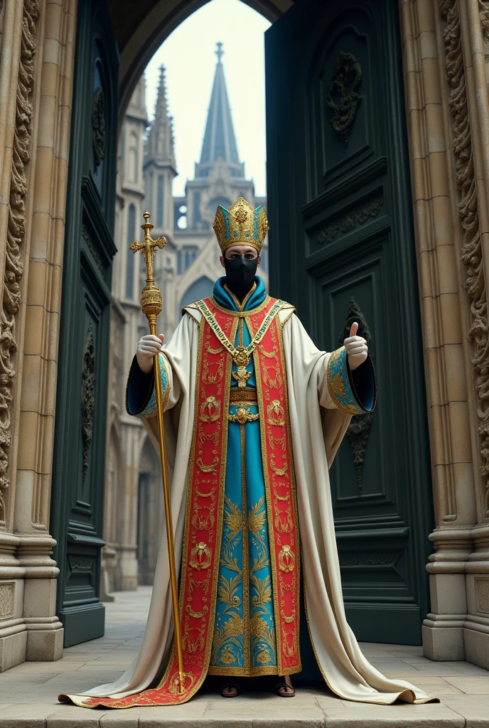 A bishop seen from a dowry with a white ,rouge,blue, green and yellow ...
