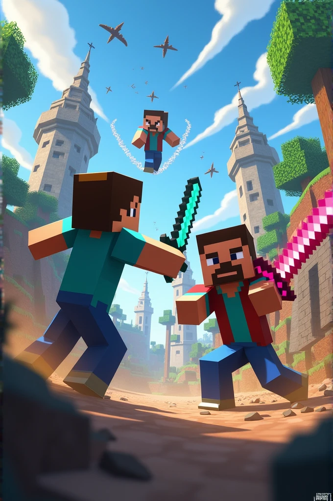 Create me an animated Minecraft pvp image with the caption BattleBlocks ...