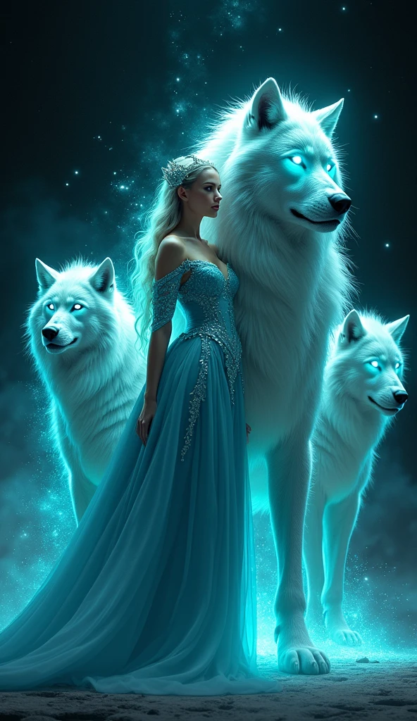 "A noble woman dressed in a flowing, aqua-blue princess gown with ...