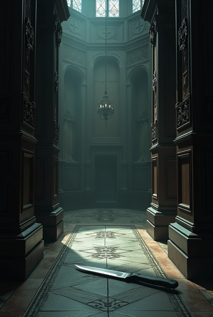 An atmospheric and dramatic scene set inside a cathedral confessional ...