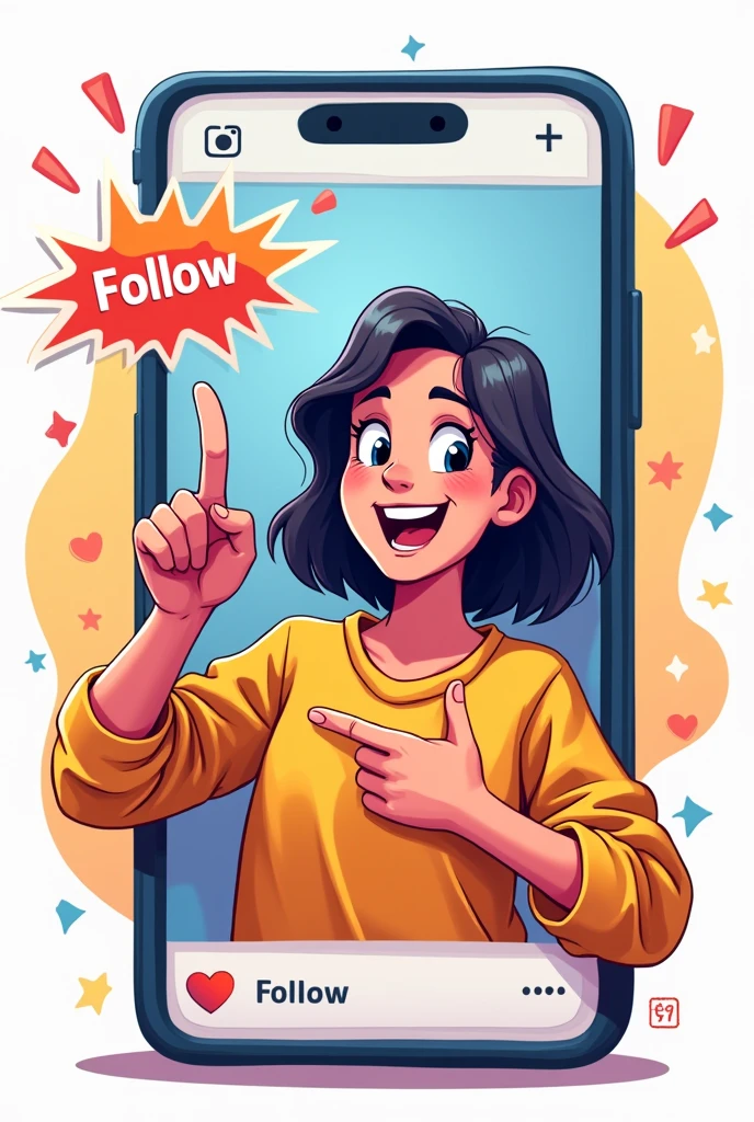 Person smiling and pointing to the “follow” button on Instagram - SeaArt AI