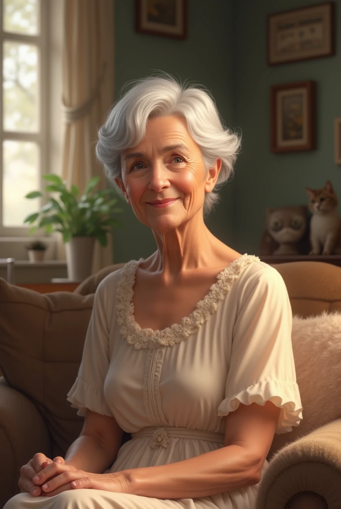 Create grandma with short white hair in a dress with Mal - SeaArt AI