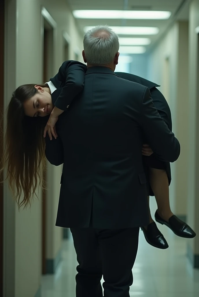 a fainted woman who is being carried by an older man on her right ...