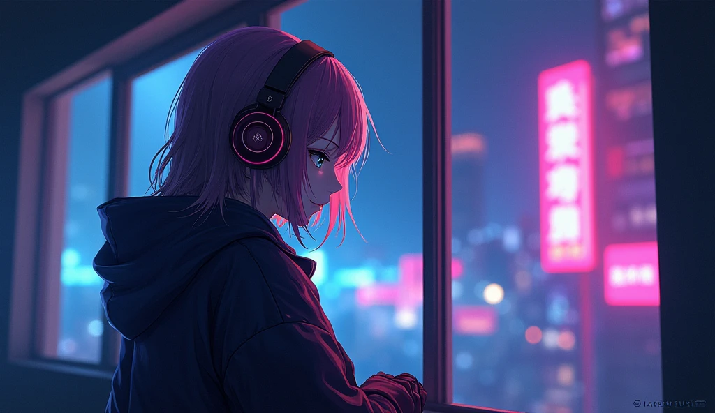 Anime girl listening to music on headphones in front of a window ...