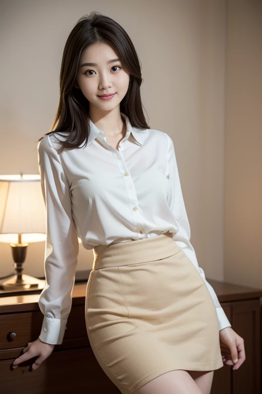 office、Beige pencil skirt、Unbutton the chiffon blouse、Seductive pose ...