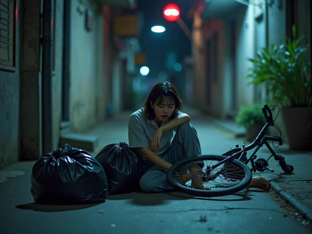 Image of a young chinese woman falling off her bicycle sitting on the ...