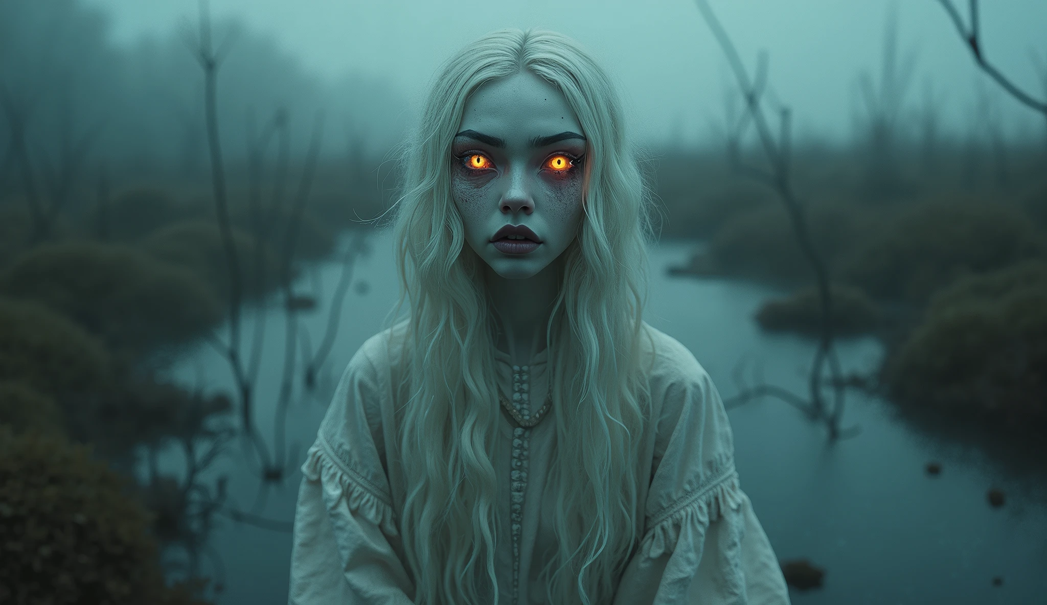 Arafed woman with red eyes standing in a swamp - SeaArt AI