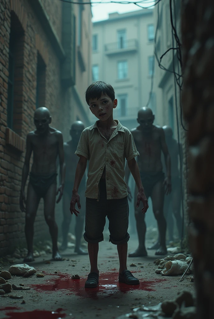 A young boy in casual clothes has just been transformed into a zombie ...