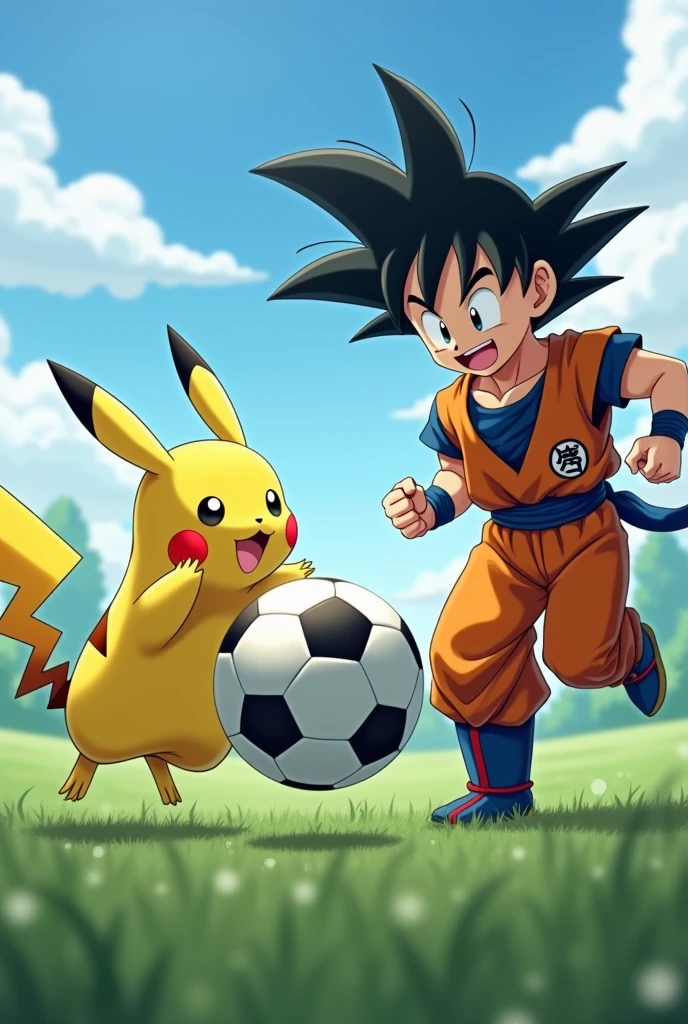 Pikachu playing soccer with Goku kicking the ball in realistic images ...