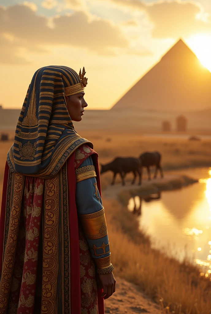 Create an ultra-realistic image of the Pharaoh, dressed luxuriously and ...