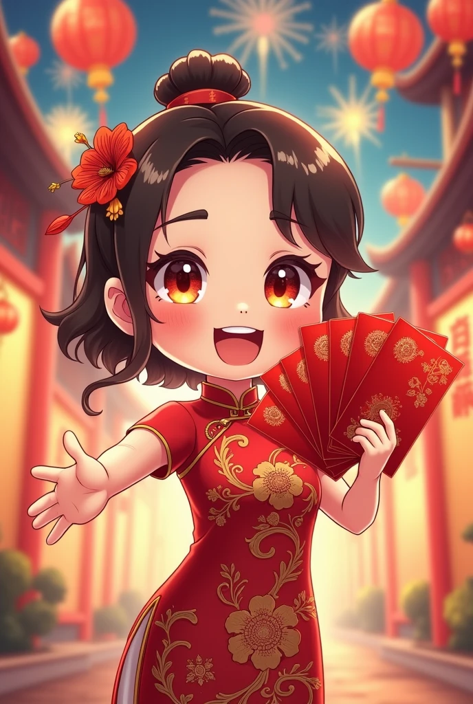 "A cheerful and adorable chibi girl with sparkling eyes, a bright smile ...