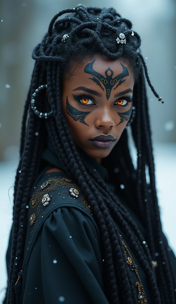 Fire Nubian witch in her 20s, flames burning in eyes, winter - SeaArt AI