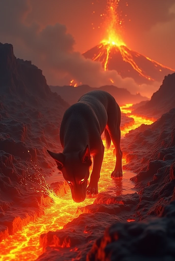 A dog drinking lava from a volcano - SeaArt AI