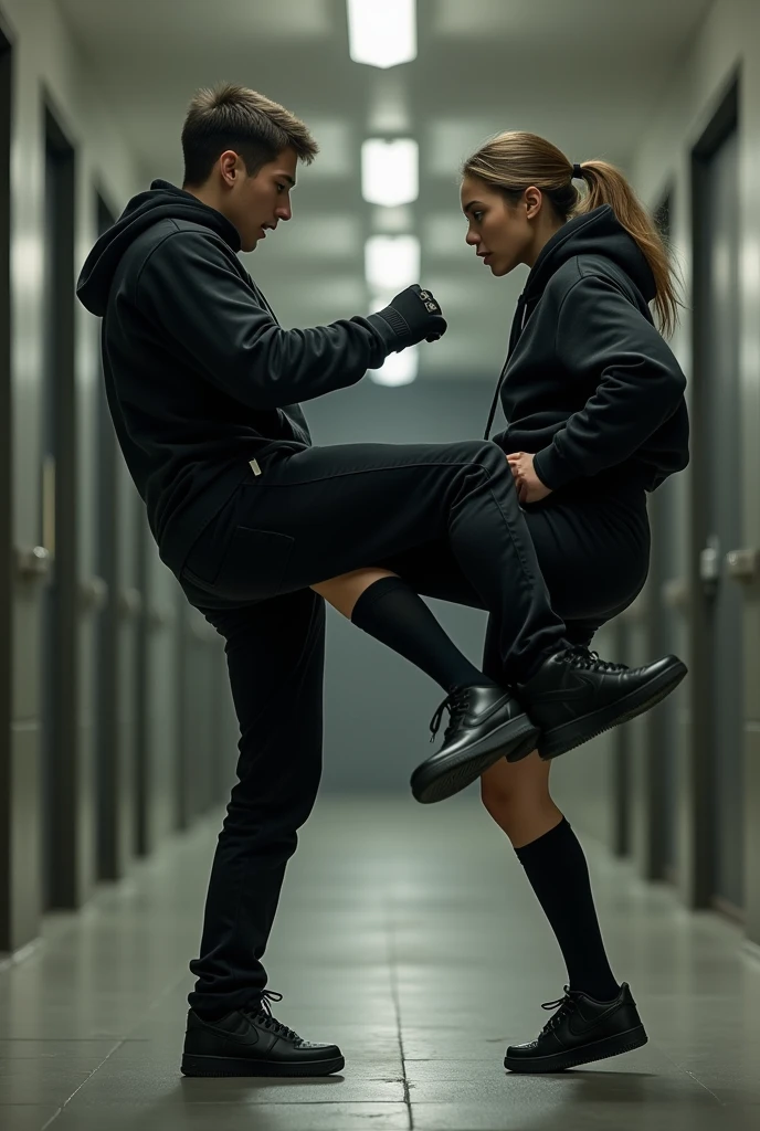 A girl kick a boy in the groing zone with right foot and She are ...