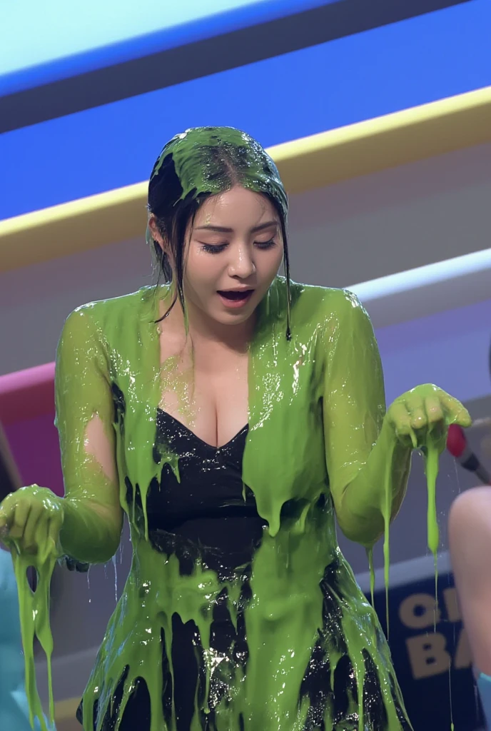 Cinematic photograph of beautiful Korean woman covered in green slime ...