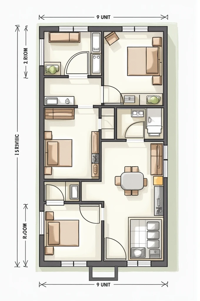 Create the plan of a house , containing room , dining room, kitchen ...
