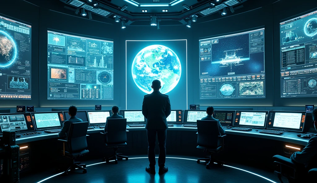 "A high-tech military command center filled with glowing tactical ...