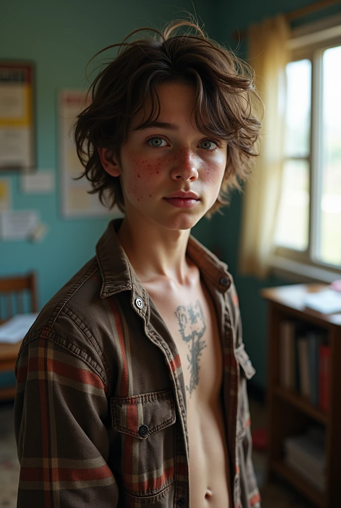 Highly realistic portrait of a 17-year-old white boy, standing at 5 ...