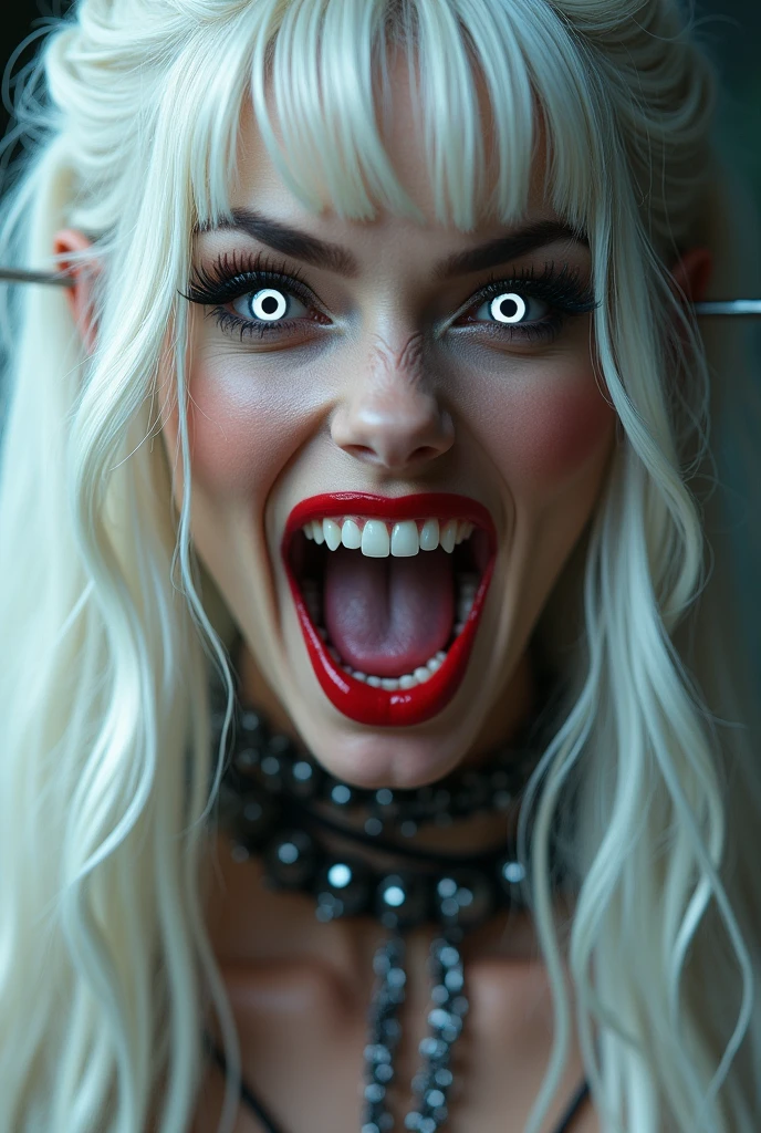A beautiful demon goddess with fangs glowing white eyes long lashes ...