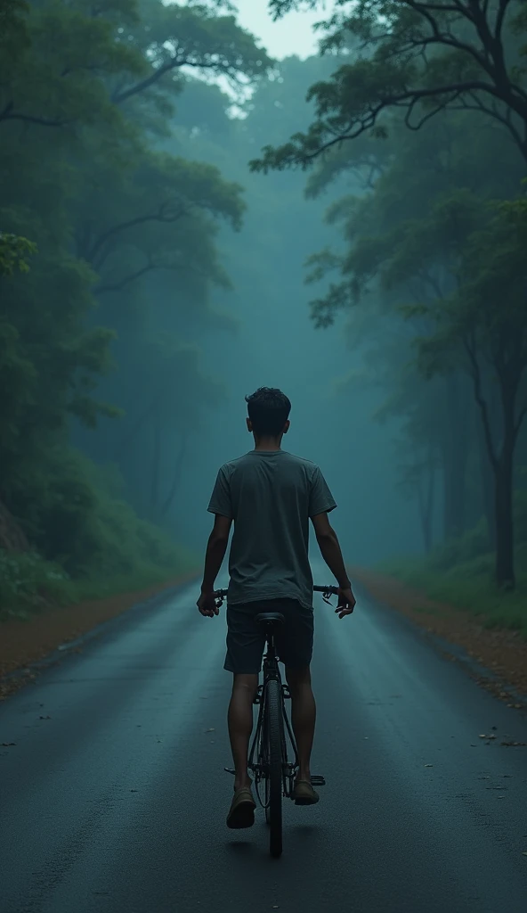 "Rajju turning back nervously on a deserted road, his bicycle standing ...