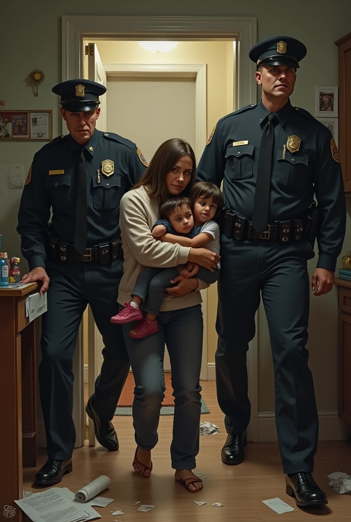 A cinematic scene showing a serious woman in a dark suit walking with two ren - SeaArt AI