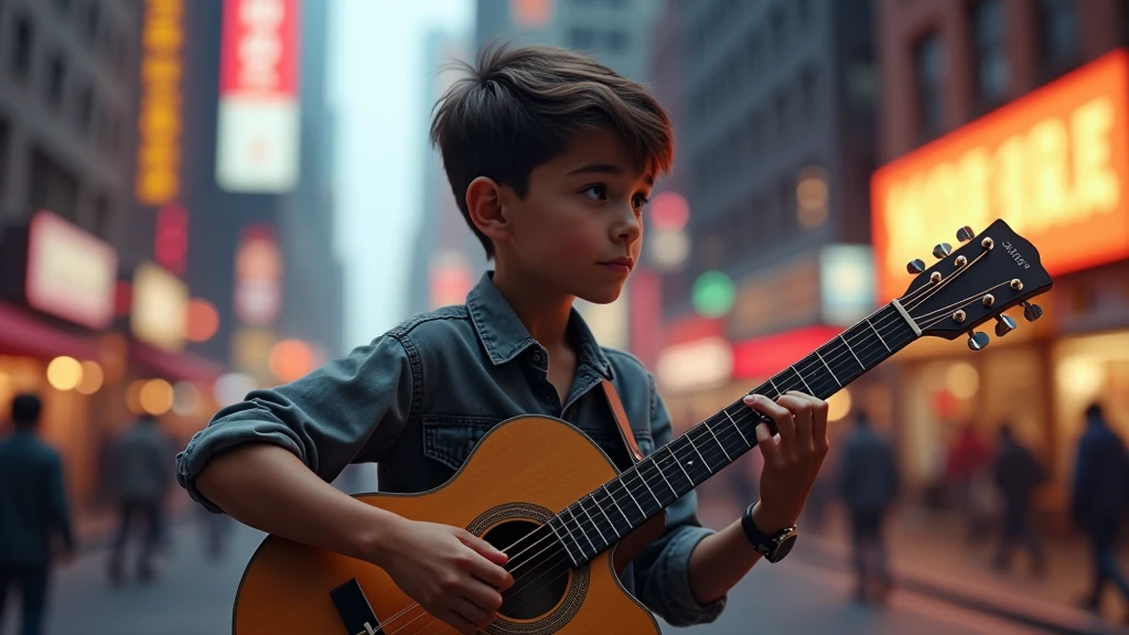 A hyper-realistic image of a boy playing guitar in a street - SeaArt AI