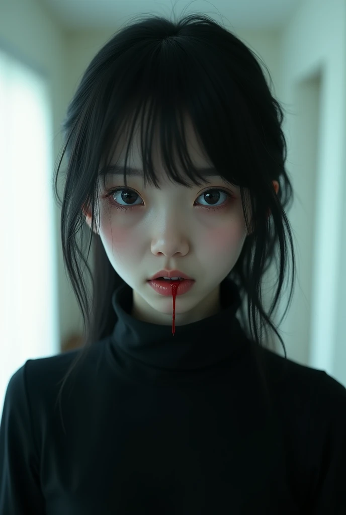 Asian girl wearing black full body in a bright room drooling her pupils looking - SeaArt AI